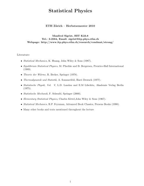 Lecture Notes - Institute for Theoretical Physics - ETH Zürich