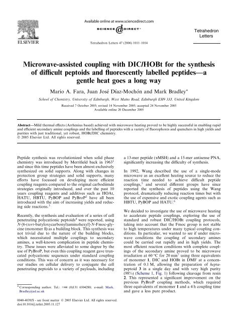 Microwave-assisted coupling with Dic/Hobt for the synthesis of ...