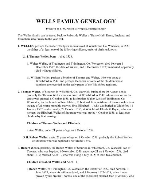 WELLS FAMILY GENEALOGY