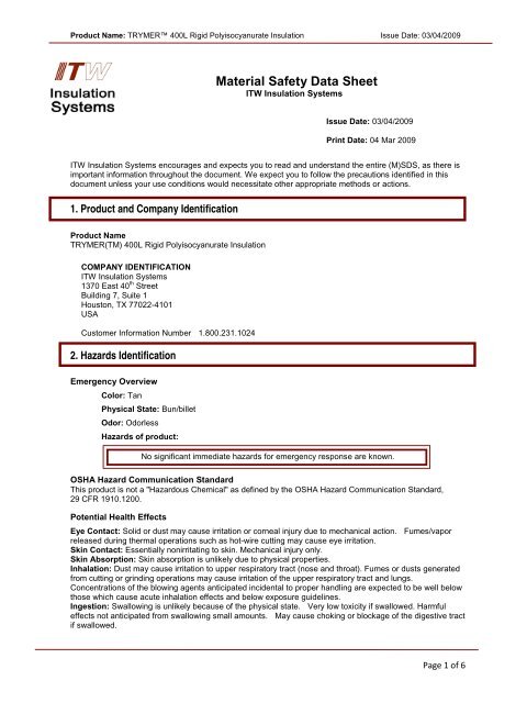 TRYMER 400L Material Safety Data Sheet - ITW Insulation Systems