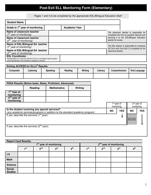 Post-Exit ELL Monitoring Form (Elementary)