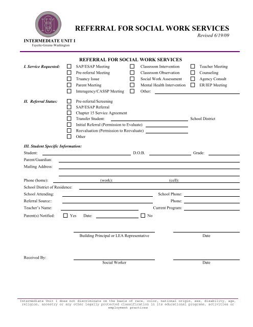 Referral for Social Work Services form - Intermediate Unit 1