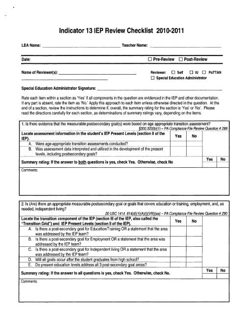Indicator 13 IEP Review Checklist 2010-2011