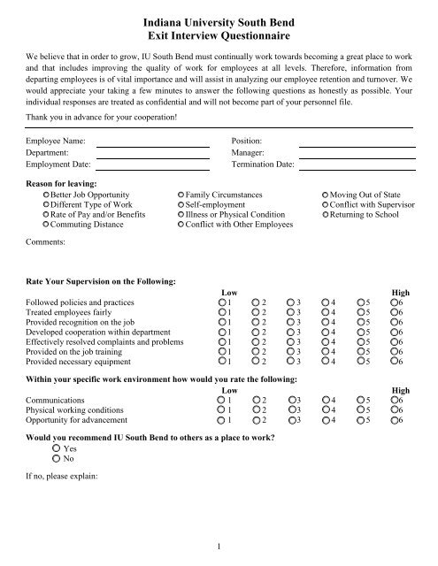 Indiana University South Bend Exit Interview Questionnaire