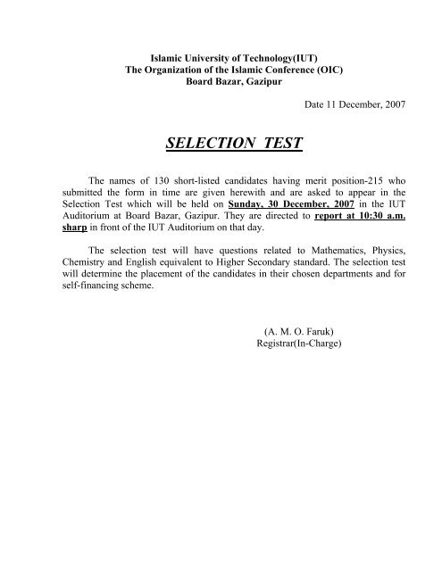 SELECTION TEST - Islamic University of Technology
