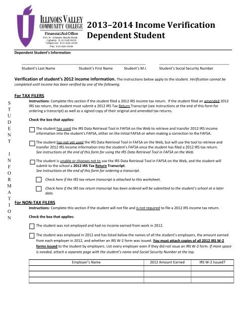 2013-2014 Income Verification Worksheet Dependent - IVCC