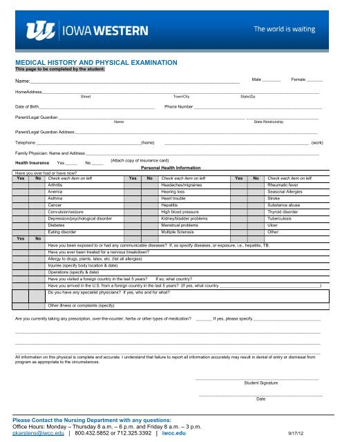 Health & Physical (H&P) form - Iowa Western Community College