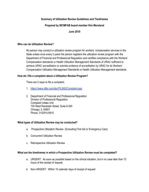 Summary of Utilization Review Guidelines and Timeframes ... - IWCC