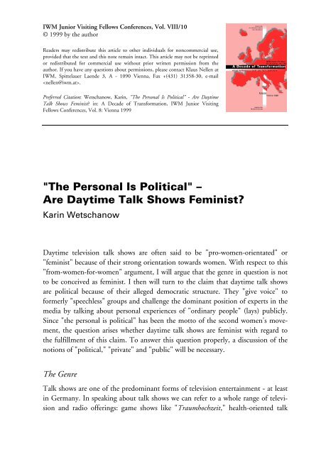 "The Personal Is Political" â Are Daytime Talk Shows Feminist? - IWM