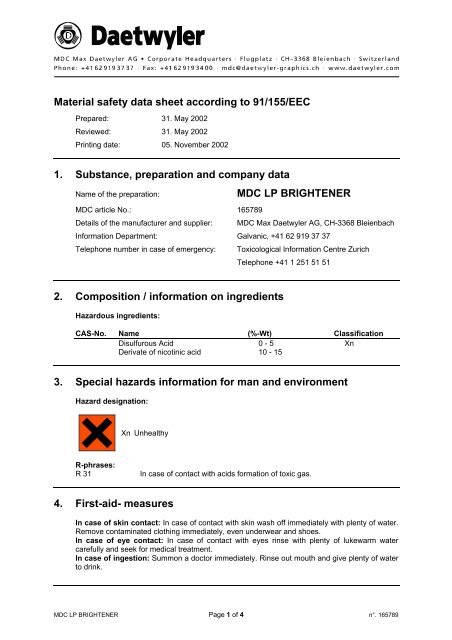 Material safety data sheet according to 91/155/EEC 1. Substance ...