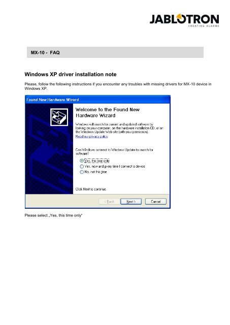 Windows XP driver installation note - Jablotron