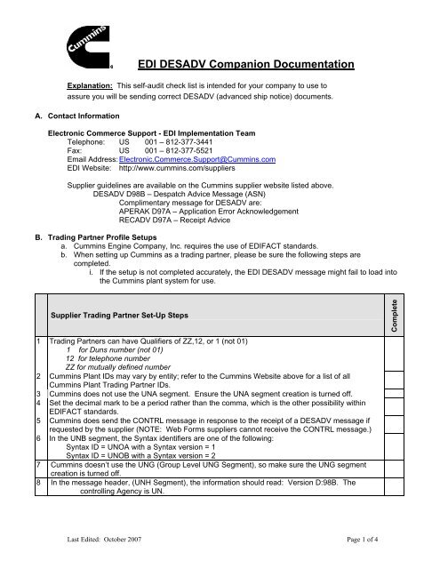 EDI DESADV Companion Documentation - Cummins
