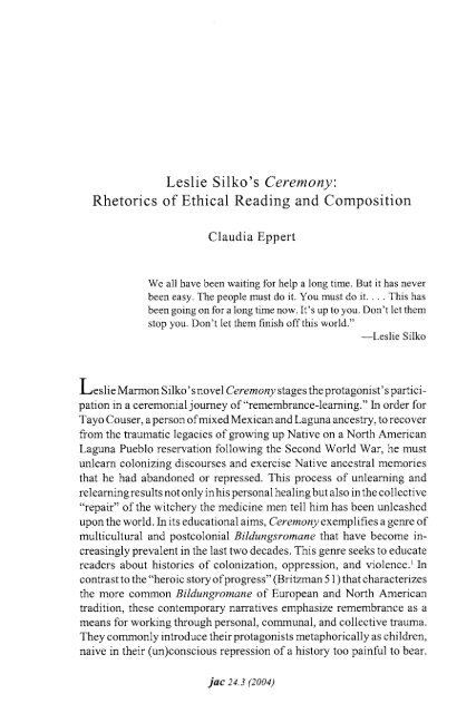 Leslie Silko's Ceremony: Rhetorics of Ethical Reading ... - JAC Online