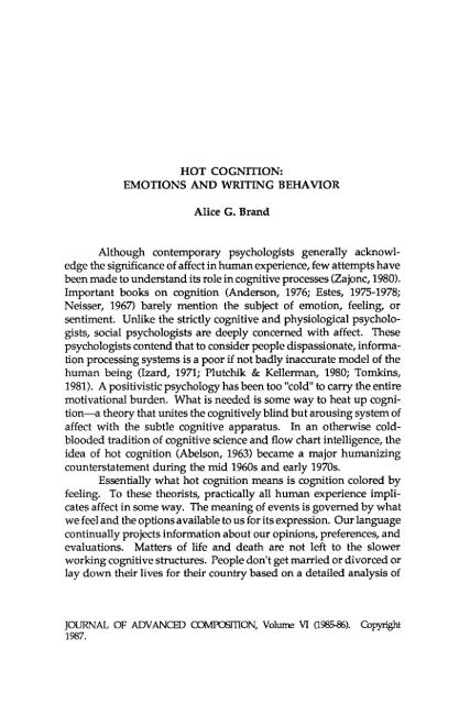 Hot Cognition: Emotions and Writing Behavior - JAC Online