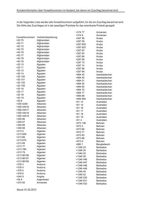 Kundeninformation über Vorwahlnummern im Ausland, bei denen ein