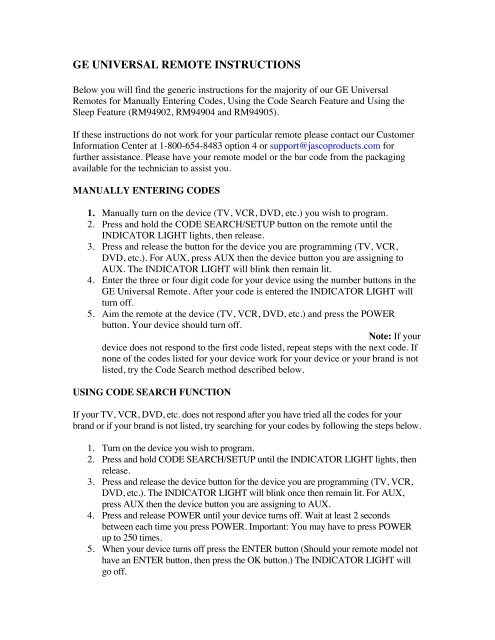 GE UNIVERSAL REMOTE INSTRUCTIONS - Jasco Products