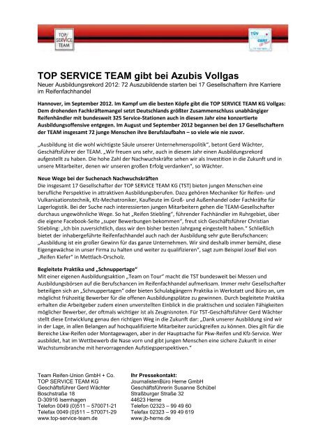 TOP SERVICE TEAM gibt bei Azubis Vollgas - JournalistenBüro Herne