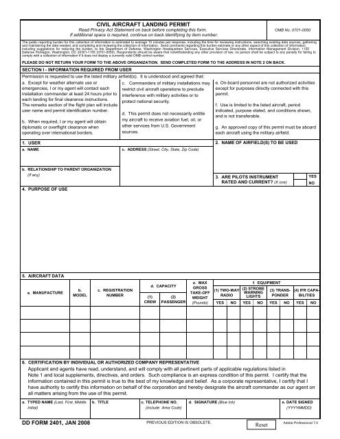 DD Form 2401, Civil Aircraft Landing Permit, January 2008