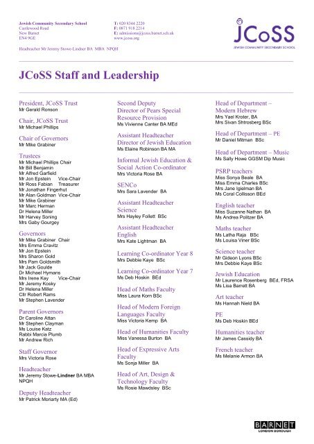 JCoSS Staff and Leadership - Jewish Community Secondary School