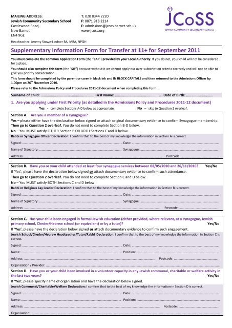 download SIF form here - Jewish Community Secondary School