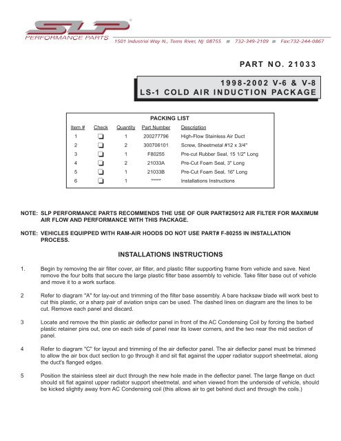 SLP 21046 Air Intake Kit Installation Instructions - Jegs