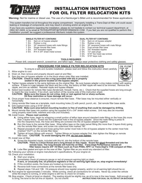 installation instructions for oil filter relocation kits - Jegs