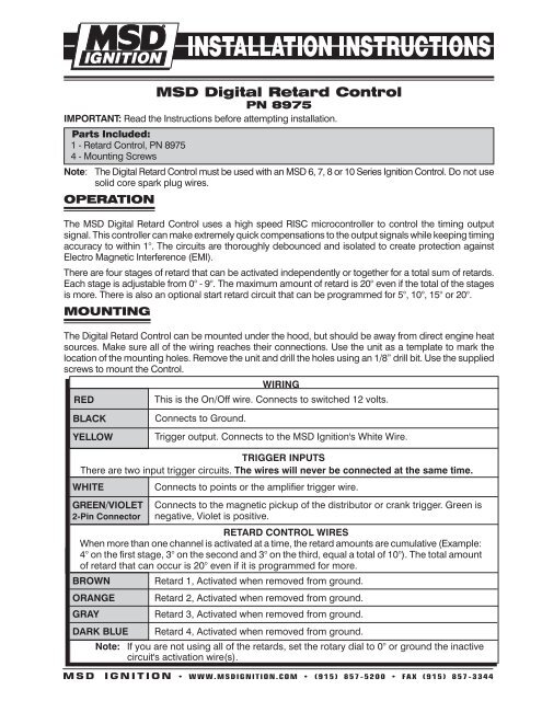 MSD 8975 Timing Retard Control Installation Instructions - Jegs