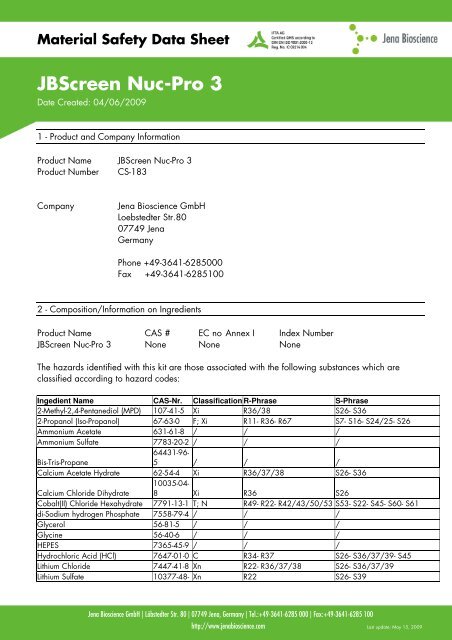 Material Safety Data Sheet JBScreen Nuc-Pro 3 - Jena Bioscience