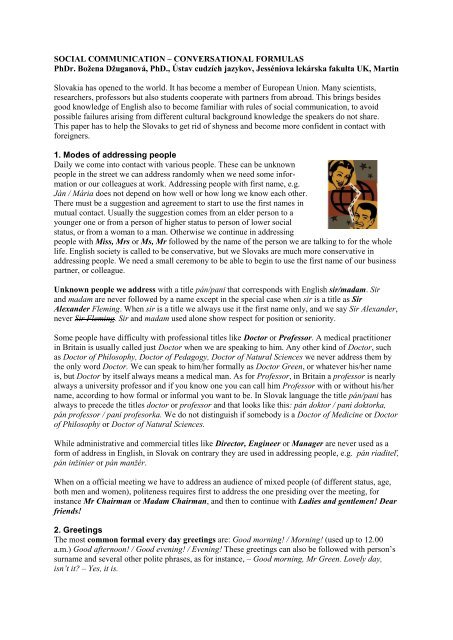 CONVERSATIONAL FORMULAS - Jesseniova lekárska fakulta