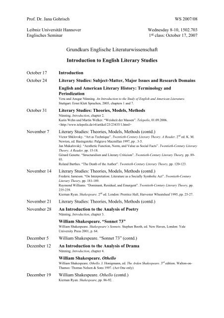 Introduction to English Literary Studies - Prof. Dr. Jana Gohrisch Introduction to English Literary Studies - Prof. Dr. Jana Gohrisch
