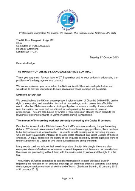Letter from PI4J to Rt Hon Margaret Hodge MP
