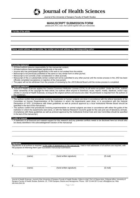 MANUSCRIPT SUBMISSION FORM - Journal of Health Sciences