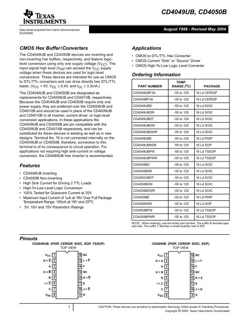 CD4049UB, CD4050B (Rev. I)