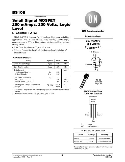 BS108 Small Signal MOSFET 250 mAmps, 200 Volts, Logic Level