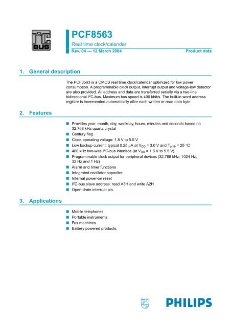 PCF8563 Real time clock/calendar - Farnell