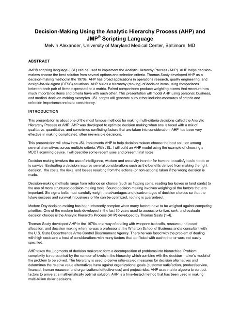 Decision-Making Using the Analytic Hierarchy Process (AHP ... - JMP