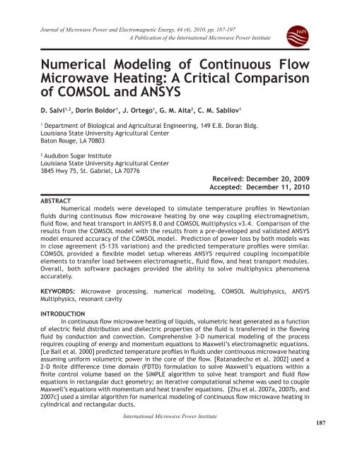 Numerical Modeling of Continuous Flow Microwave Heating - JMPEE Numerical Modeling of Continuous Flow Microwave Heating - JMPEE