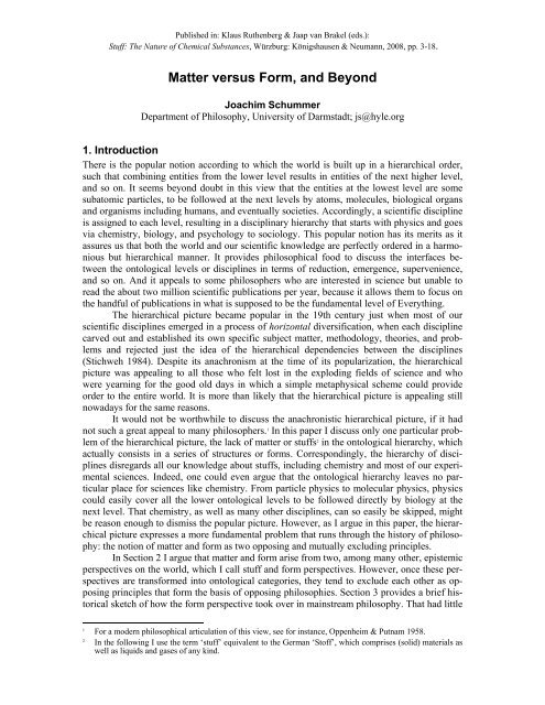 Matter versus Form, and Beyond - Joachim Schummer Homepage