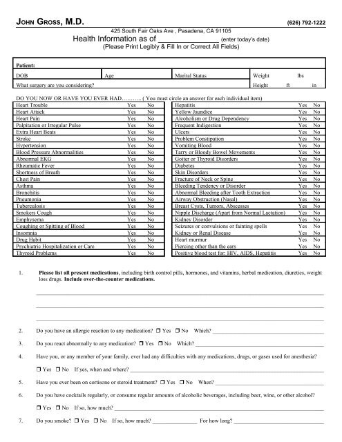 Health History Form - Plastic Surgery Pasadena