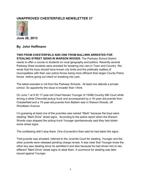UNAPPROVED CHESTERFIELD NEWSLETTER ... - John Hoffmann