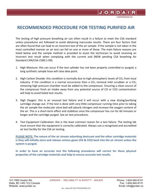 recommended procedure for testing purified air - Jordair ...