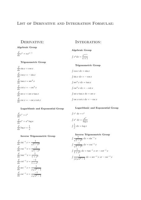 List of Derivative and Integration Formulae: Derivative: Integration: