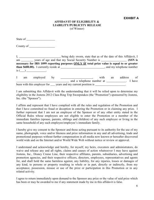 6 EXHIBIT A AFFIDAVIT OF ELIGIBILITY & LIABILITY ... - Jostens
