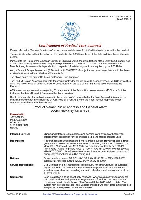 Type Approval Certificate ABS MPA 1600.pdf - Jotron