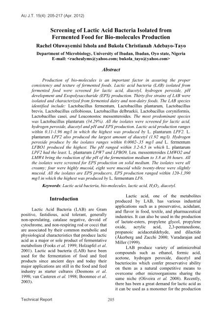 Screening Of Lactic Acid Bacteria Isolated From Au Journal