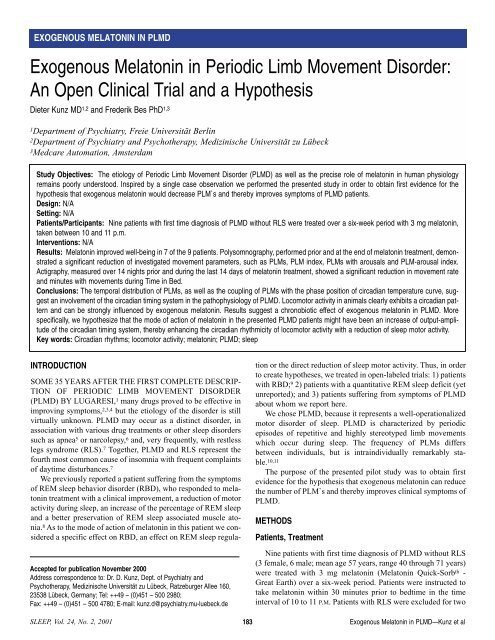 Exogenous Melatonin in Periodic Limb Movement Disorder ... - Sleep