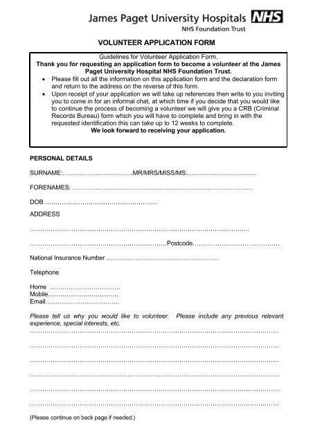 volunteer application form - James Paget University Hospitals
