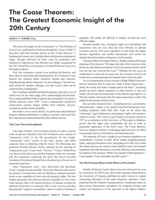 The Coase Theorem: The Greatest Economic Insight of the 20th ...