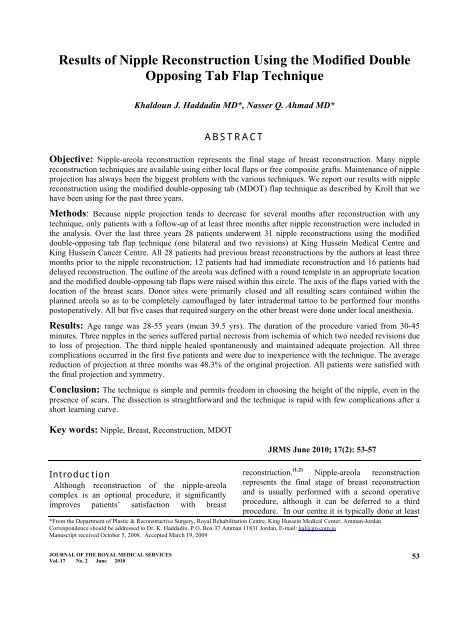 Results of Nipple Reconstruction Using the Modified Double ...