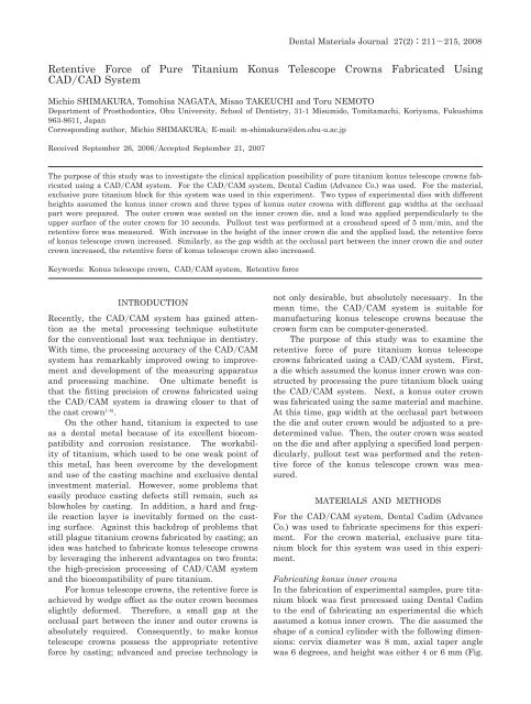 Retentive Force of Pure Titanium Konus Telescope Crowns ...